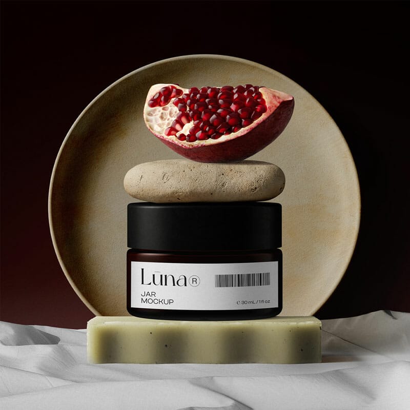 Free Cosmetic Jar Mockup With Pomegranate Front View Psd Css Author