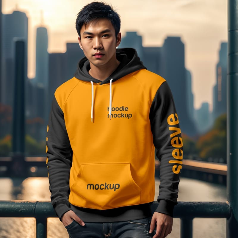 Free Asian Man In Hoodie Mockup PSD