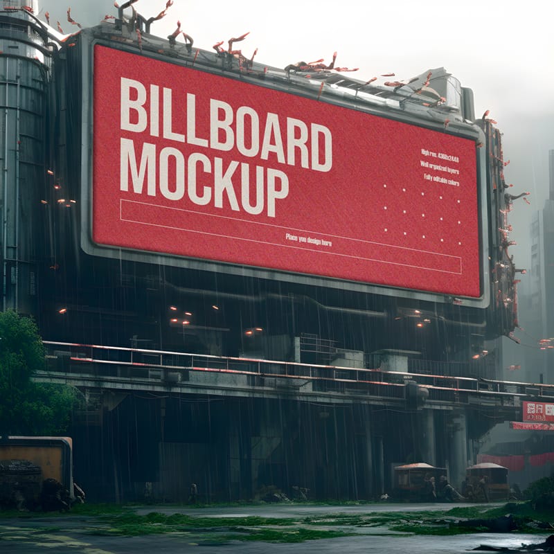 Free Billboard Mockup In An Apocalyptic Future PSD