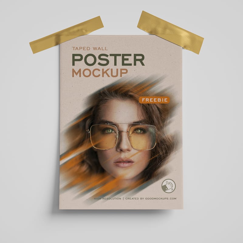 Free Realistic Taped Poster On Wall Mockup PSD