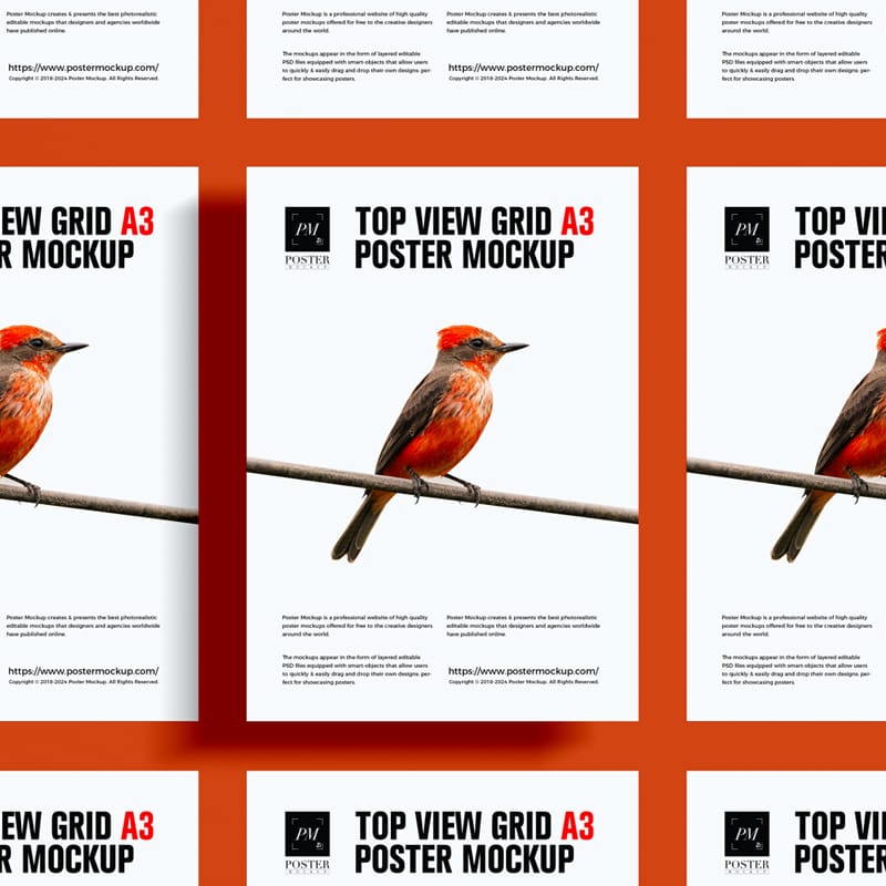 Free Top View A3 Grid Poster Mockup PSD