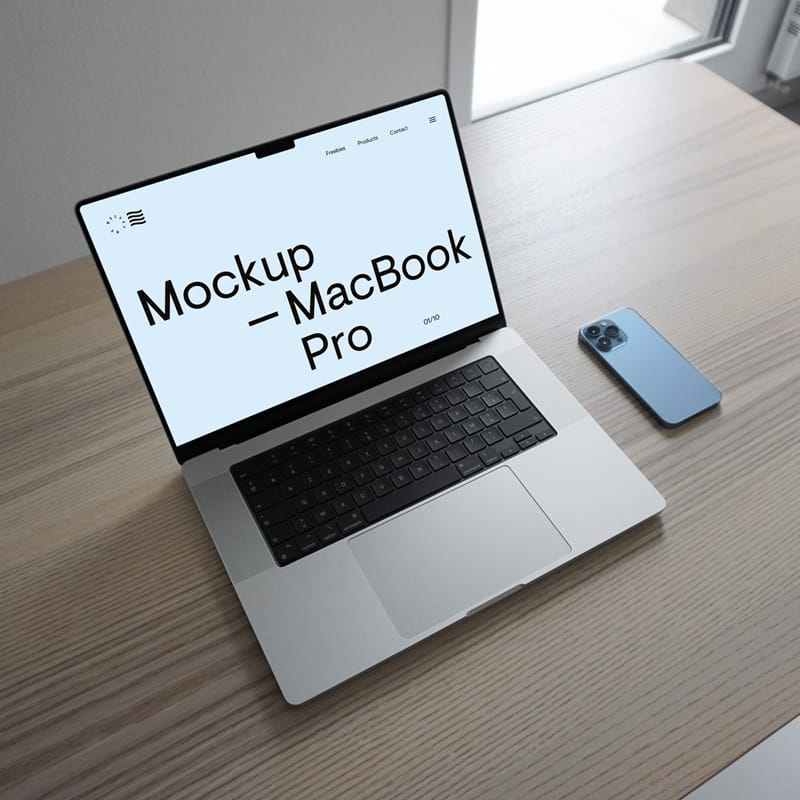 Free MacBook Pro In Office Table Mockup PSD