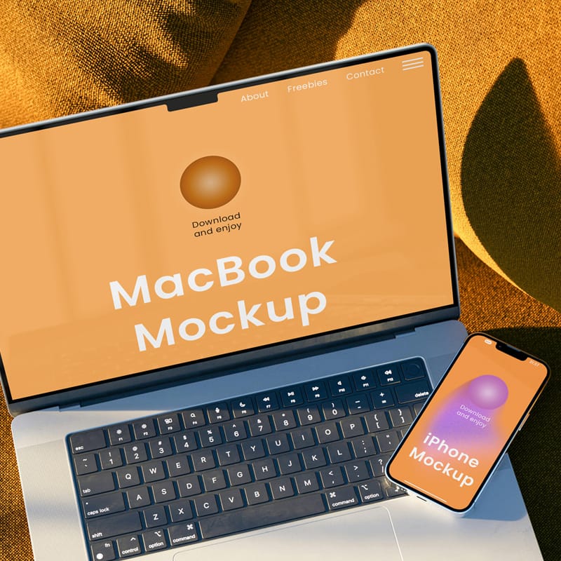 Free IPhone On MacBook Mockup PSD