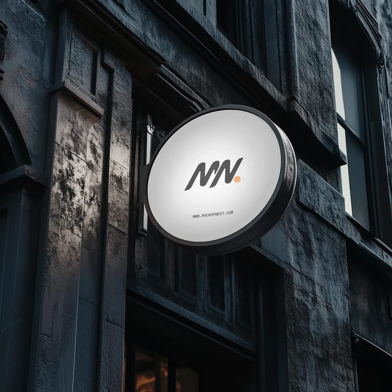 Free Circle Signboard Mockup On Building Wall PSD