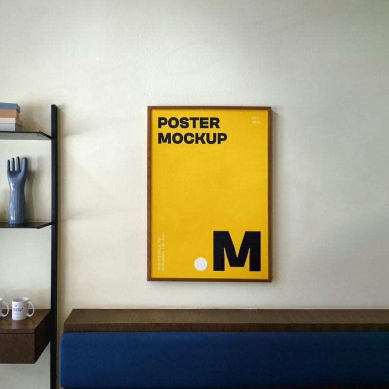 Free Hanging Poster On Wall Mockup PSD