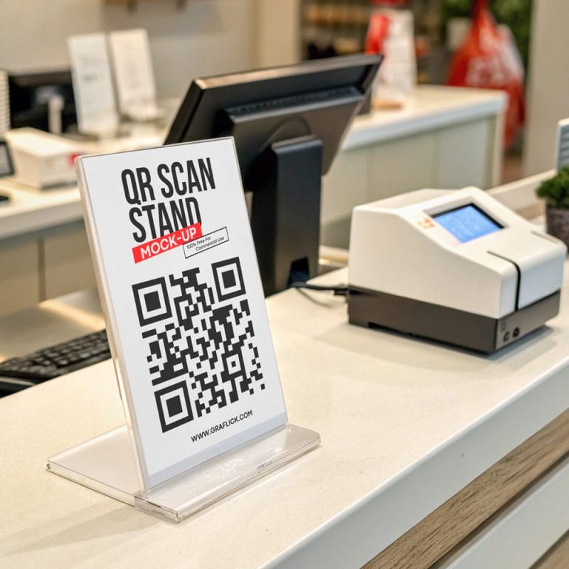Free QR Code Scan Stand Mockup PSD