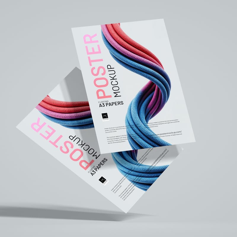 Free Floating A3 Papers Poster Mockup PSD