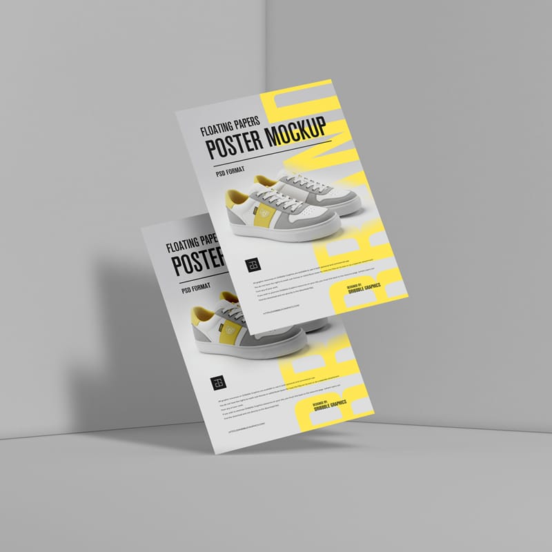 Free Brand Floating Papers Poster Mockup PSD