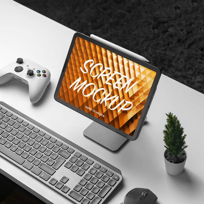 Free Tablet With Accessories Mockup PSD