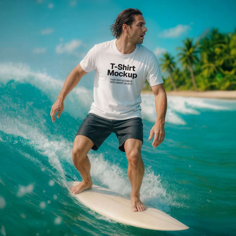 Free Surfer T-Shirt Mockup On Tropical Ocean Wave PSD
