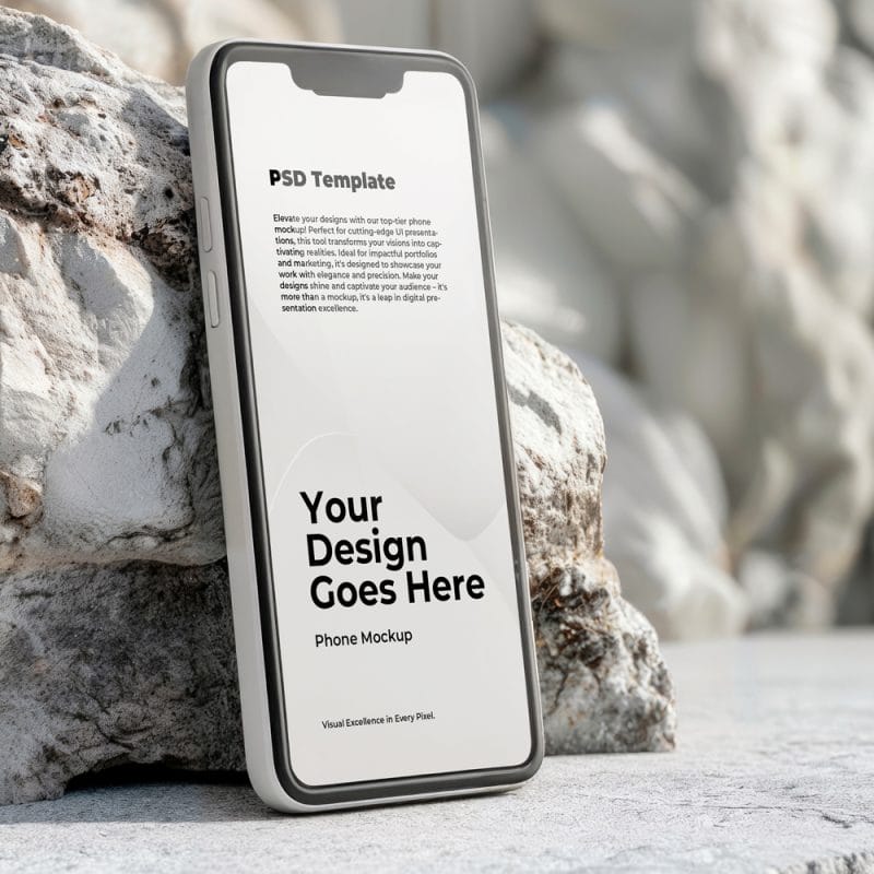 Free IPhone Mockup Leaning On White Rock Background PSD